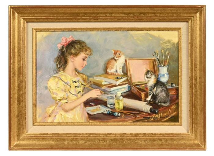 Konstantin Razumov | Young girl with two kittens and artists box ...