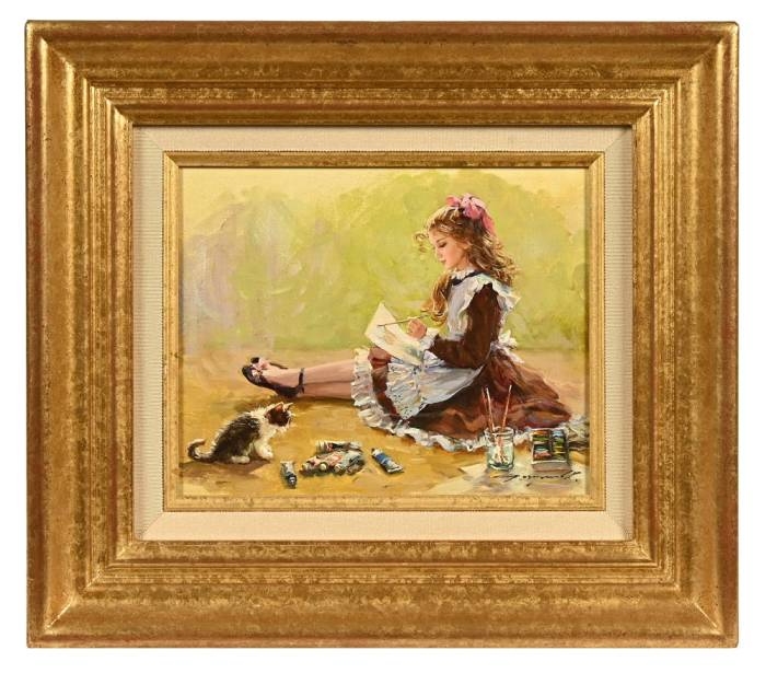 Konstantin Razumov | Young girl painting with a cat | MutualArt