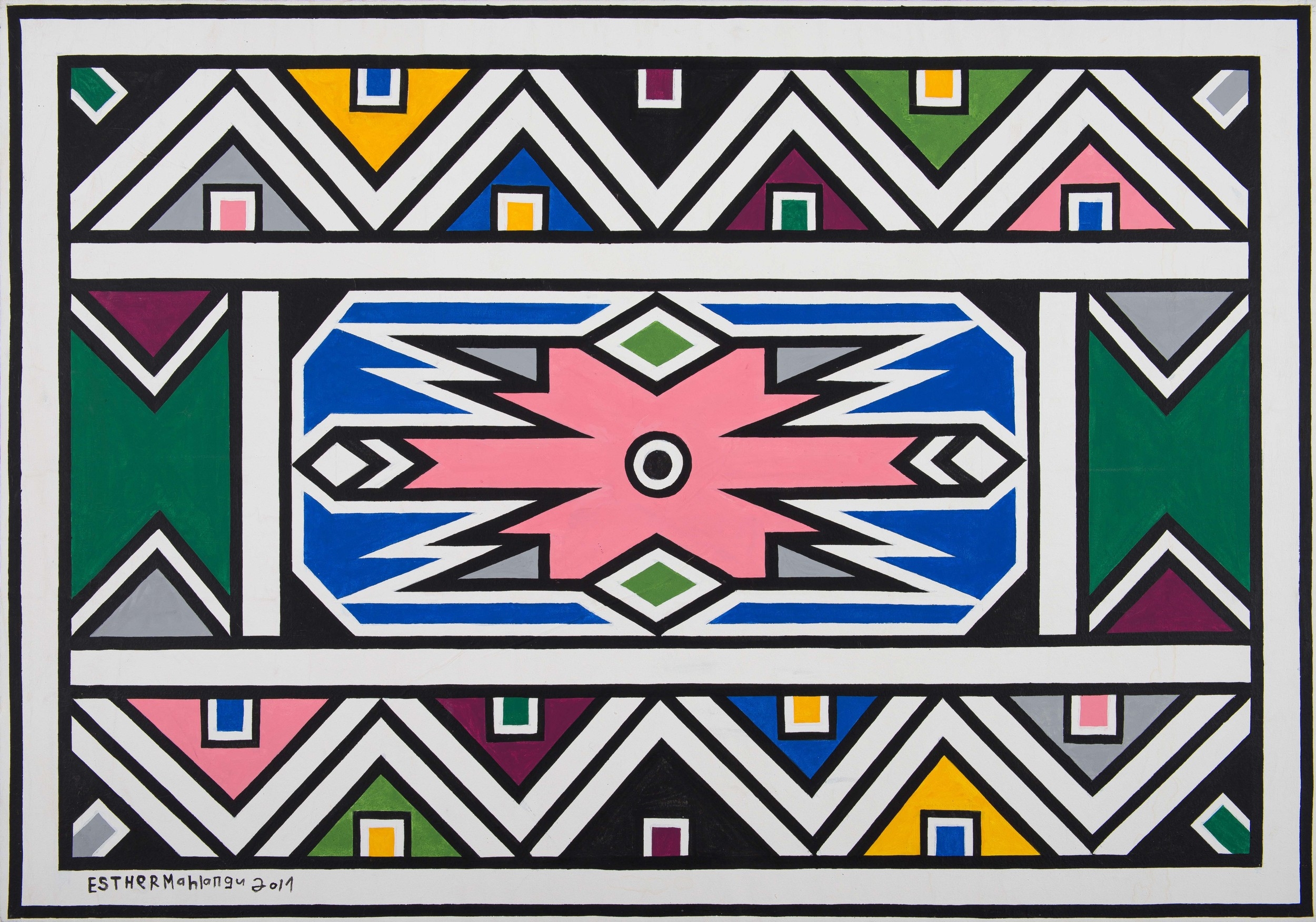 Esther Mahlangu | NDEBELE PATTERN WITH PINK, BLUE AND GREEN (2017 ...
