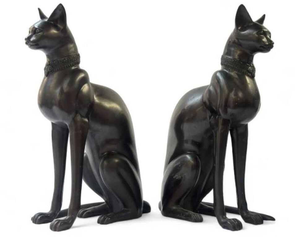 A. Tiot | Pair of Egyptian Style Bronze Cat Guardian Statues | MutualArt