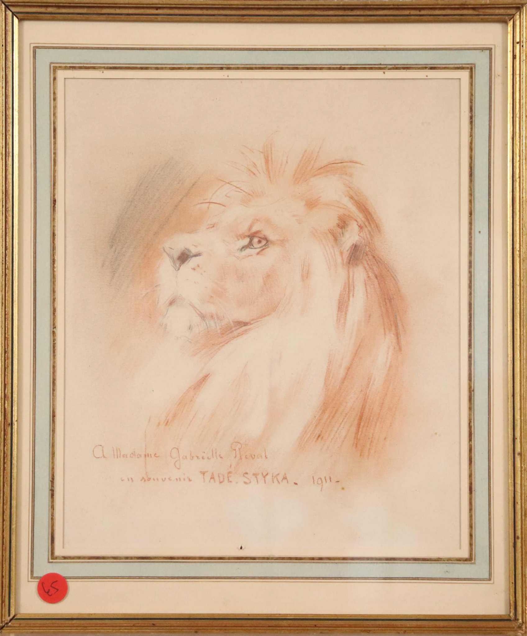 Tadé Styka | Tête de lion dessin en sanguine (1911) | MutualArt
