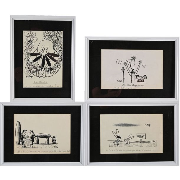 Jacques Laplaine | Suite of 4 Indian ink cartoons with annotations and ...