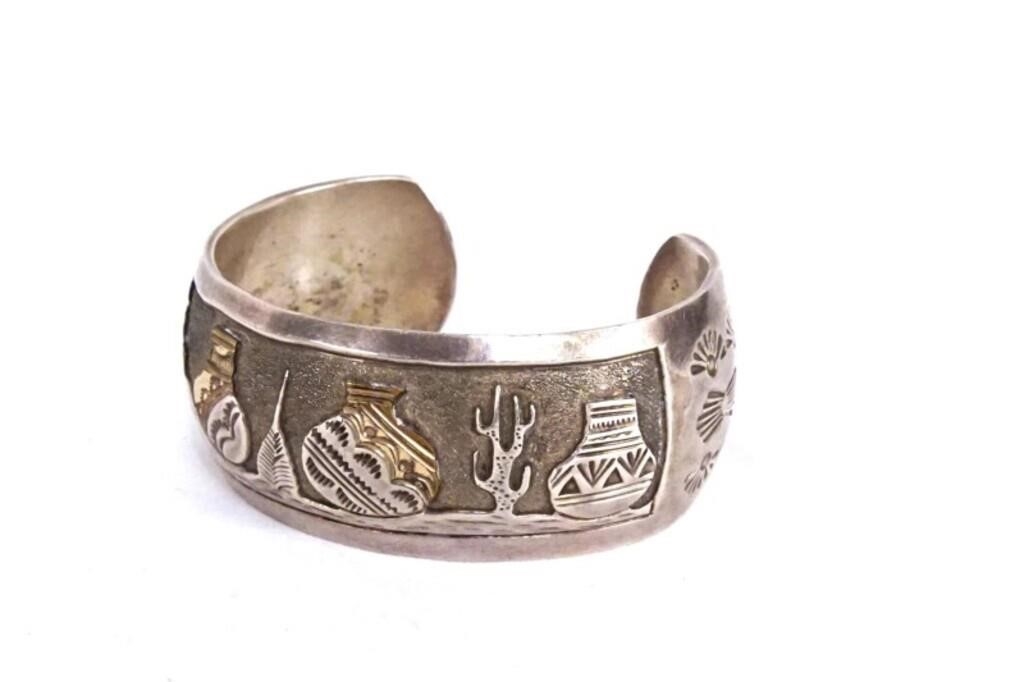 Sterling | Navajo Sterling and gold Native bracelet | MutualArt