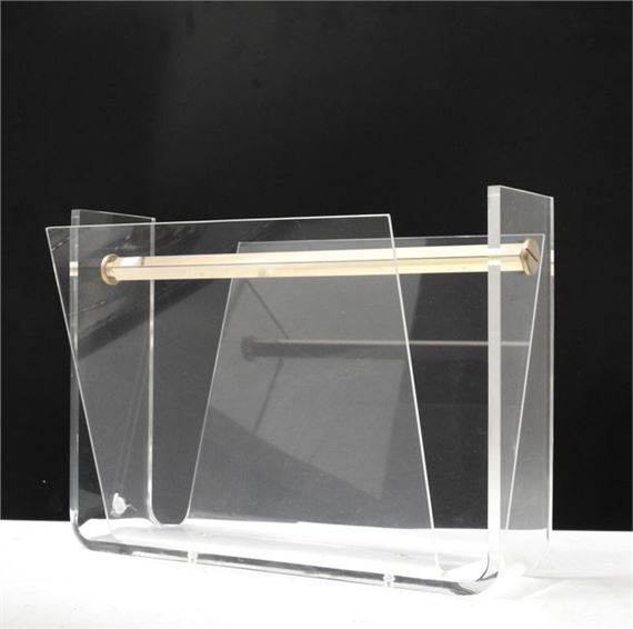 David Lange | Plexiglas magazine rack with gilded metal tubular grip ...