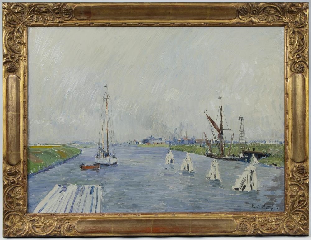 Paul Mathieu | oil on panel Channel with sailboat and palisades | MutualArt