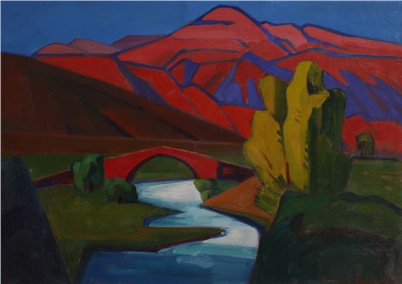Artashes Abraamyan | River landscape with bridge (1970) | MutualArt