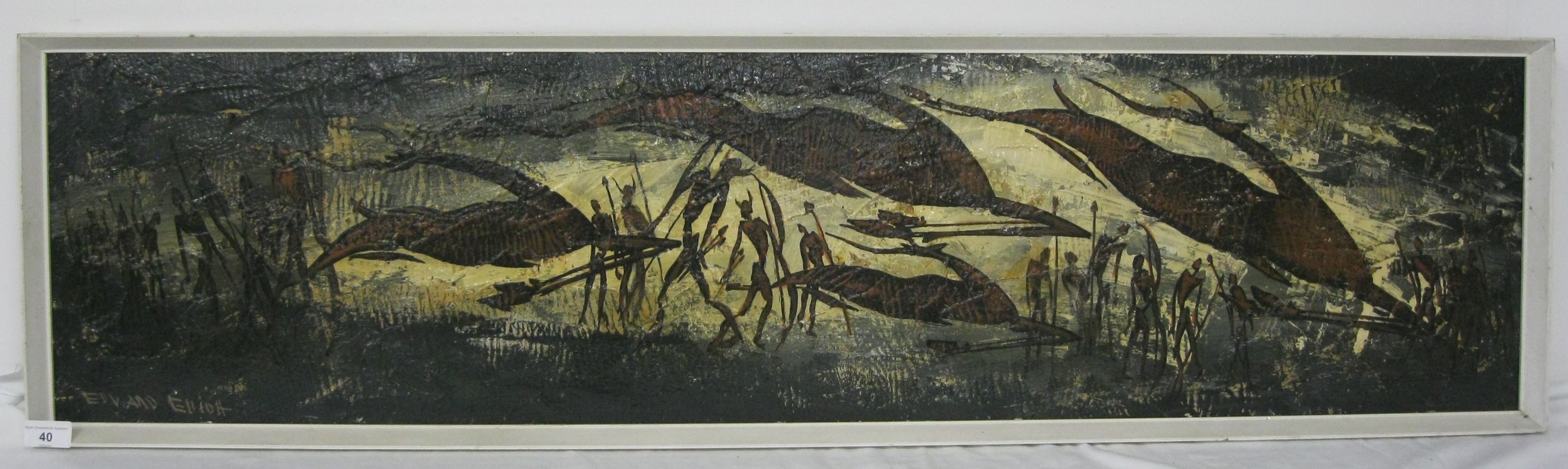 Edward Elliot | A cave style painting of figures hunting leaping deer ...