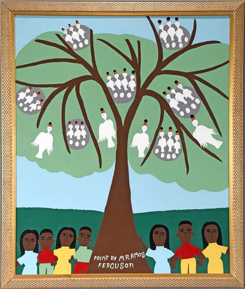 Amos Ferguson | Seven Figures Under Tree with White Birds | MutualArt
