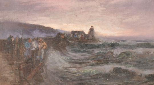 Frederick John Bartram Hiles | Figures on a harbour wall at dusk ...