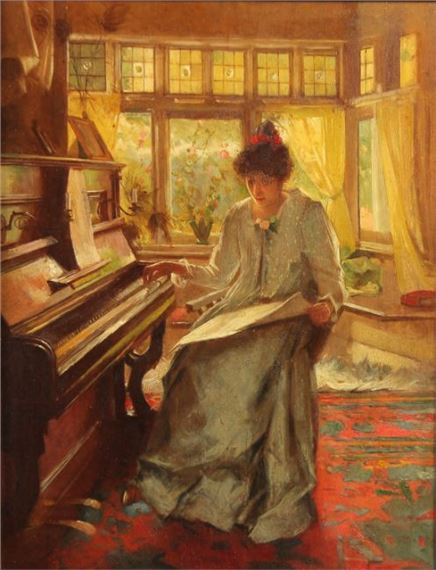 Carleton Alfred Smith | Elegant female figure sat by a piano with a bay ...