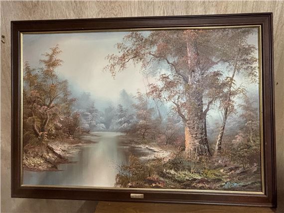 Irene Cafieri | A LARGE FRAMED OIL ON CANVAS OF A WOODLAND LAKE SCENE ...