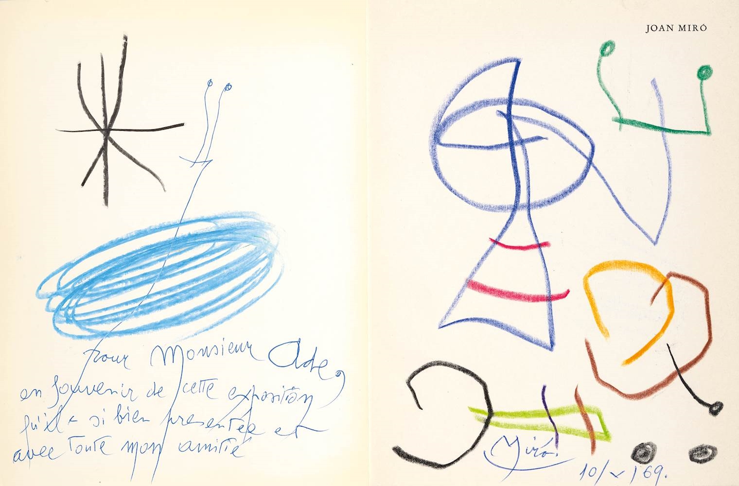 Joan Miró | Handwritten dedication with signature and small colored ...