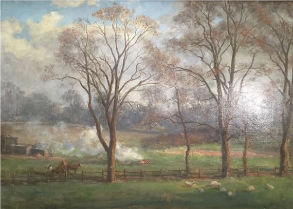 Alfred Morgan | Distant view of a farm with figures and trees | MutualArt