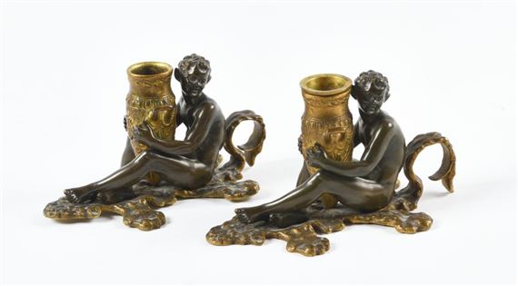 Louis Kley | Louis KLEY. Pair of hand candlesticks in bronze with a ...