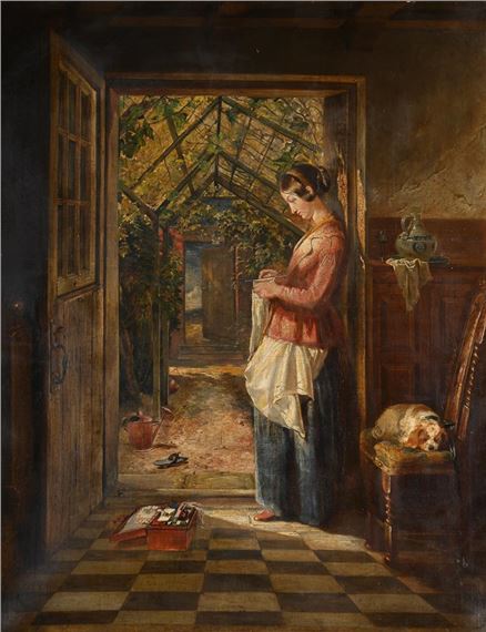 Richard Redgrave | A GIRL SEWING IN A SUNNY DOORWAY | MutualArt