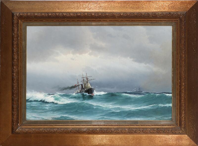 Vilhelm Bille | Seascape with steamboat in rough seas (1891) | MutualArt