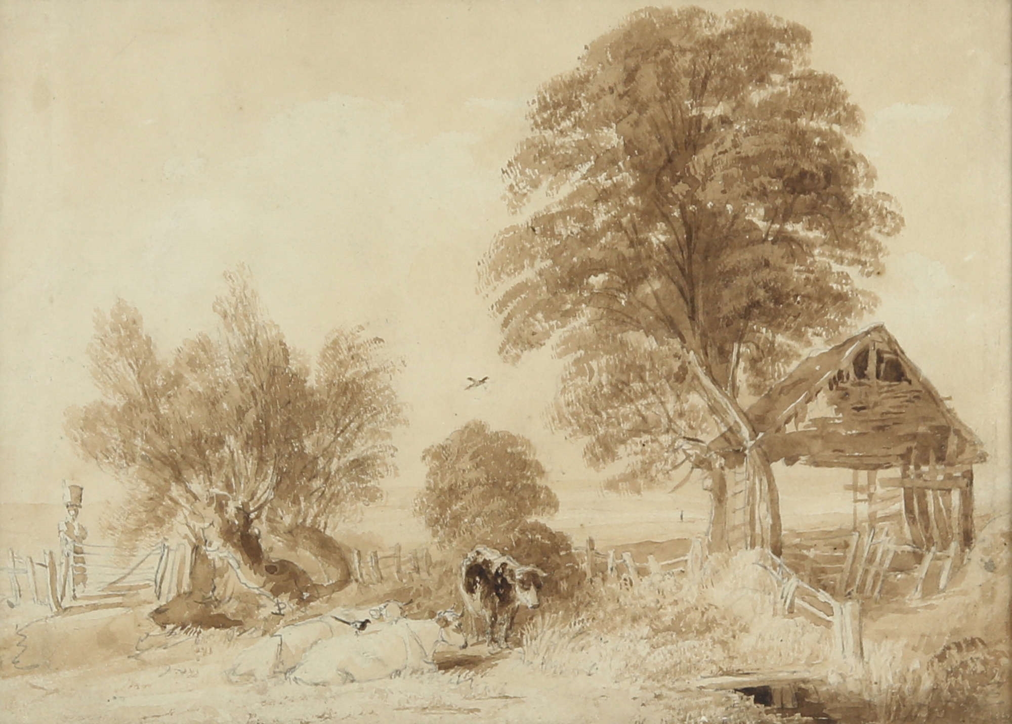 Peter de Wint | Cattle and a milkmaid by an old cartshed | MutualArt