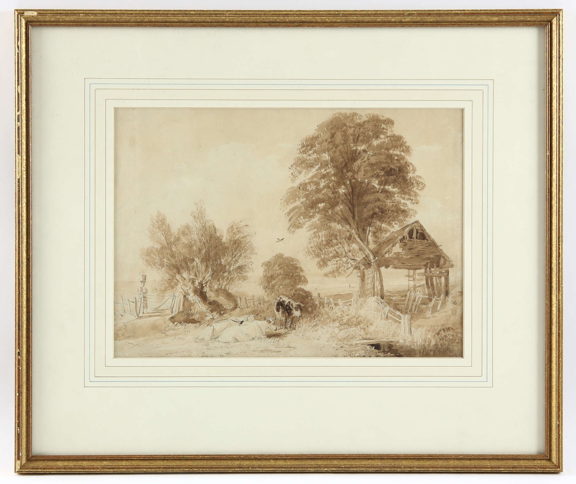 Peter de Wint | Cattle and a milkmaid by an old cartshed | MutualArt