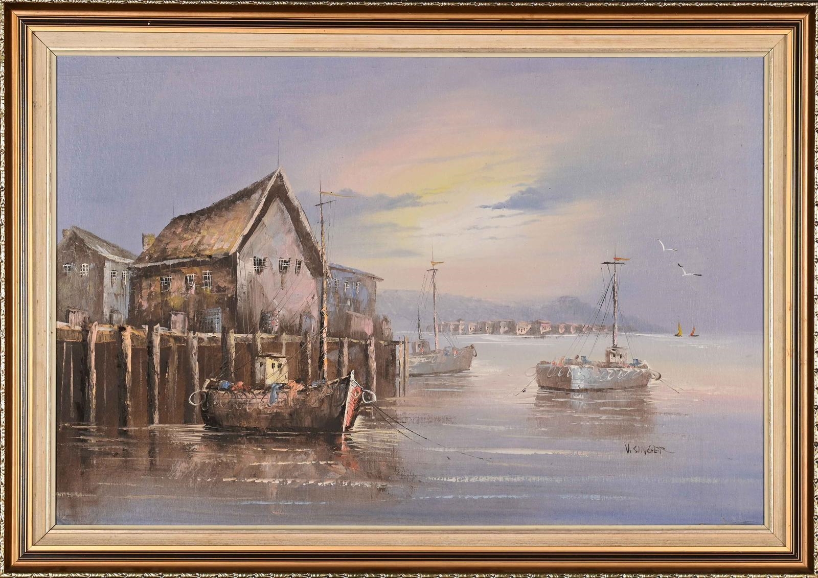 V. Singer | Signed V. Singer, Fishing Boats and Houses on the Pier ...