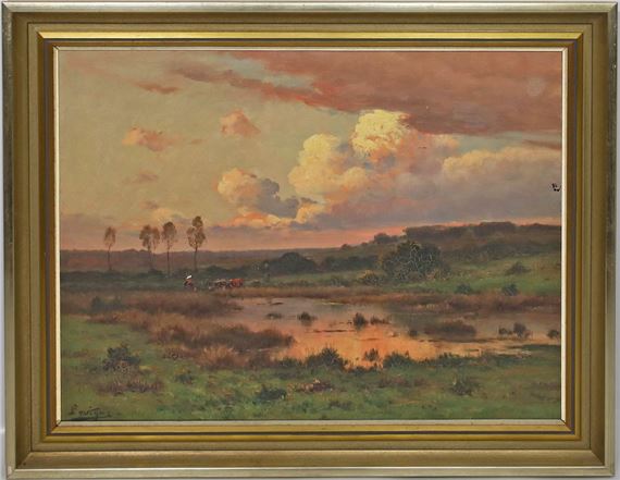 Emile Joseph Lavigne | Seenlandschaft mit Hirtin und ihren Rindern ...