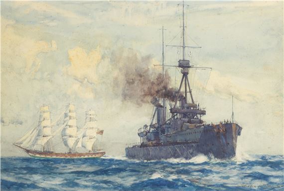Norman Wilkinson | HMS Audacious and an old frigate | MutualArt