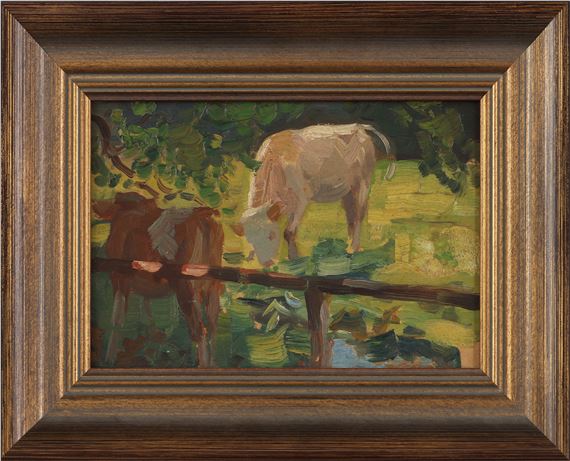 Reent Looschen | 2 Kühe an Weidezaun in sommerlicher Landschaft (1919 ...