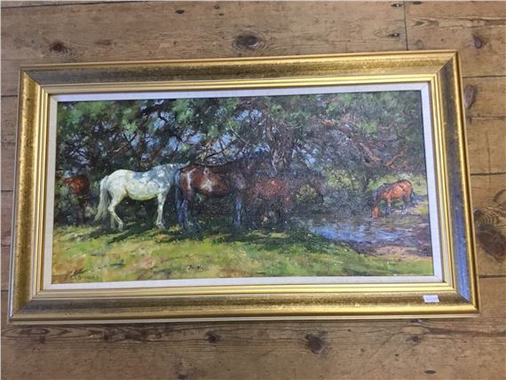 Barry Peckham | of Ponies Shading by Whitefield Pond in the New Forest (2015) | MutualArt