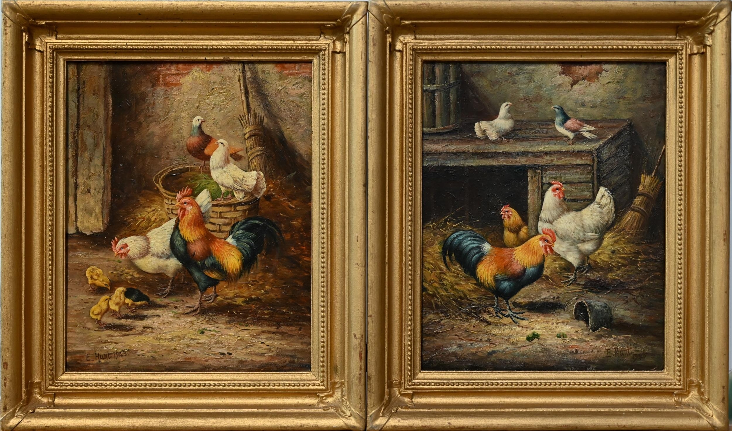 Edgar Hunt | A Rhode Island red and her chicks with three pigeons (1907 ...