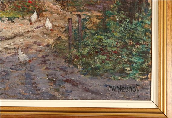 Walthère Joseph Neuhof | Dorp gezicht met kippen | MutualArt