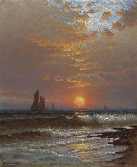 Alfred Thompson Bricher | Sailboats at Sunset (Circa 1877) | MutualArt