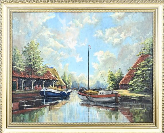 J. Mulder | Riviergezicht met platbodems (1982) | MutualArt