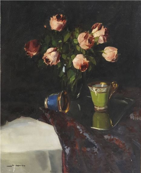 Vilmos Murin | Still Life with Vase of Roses and Teacups | MutualArt