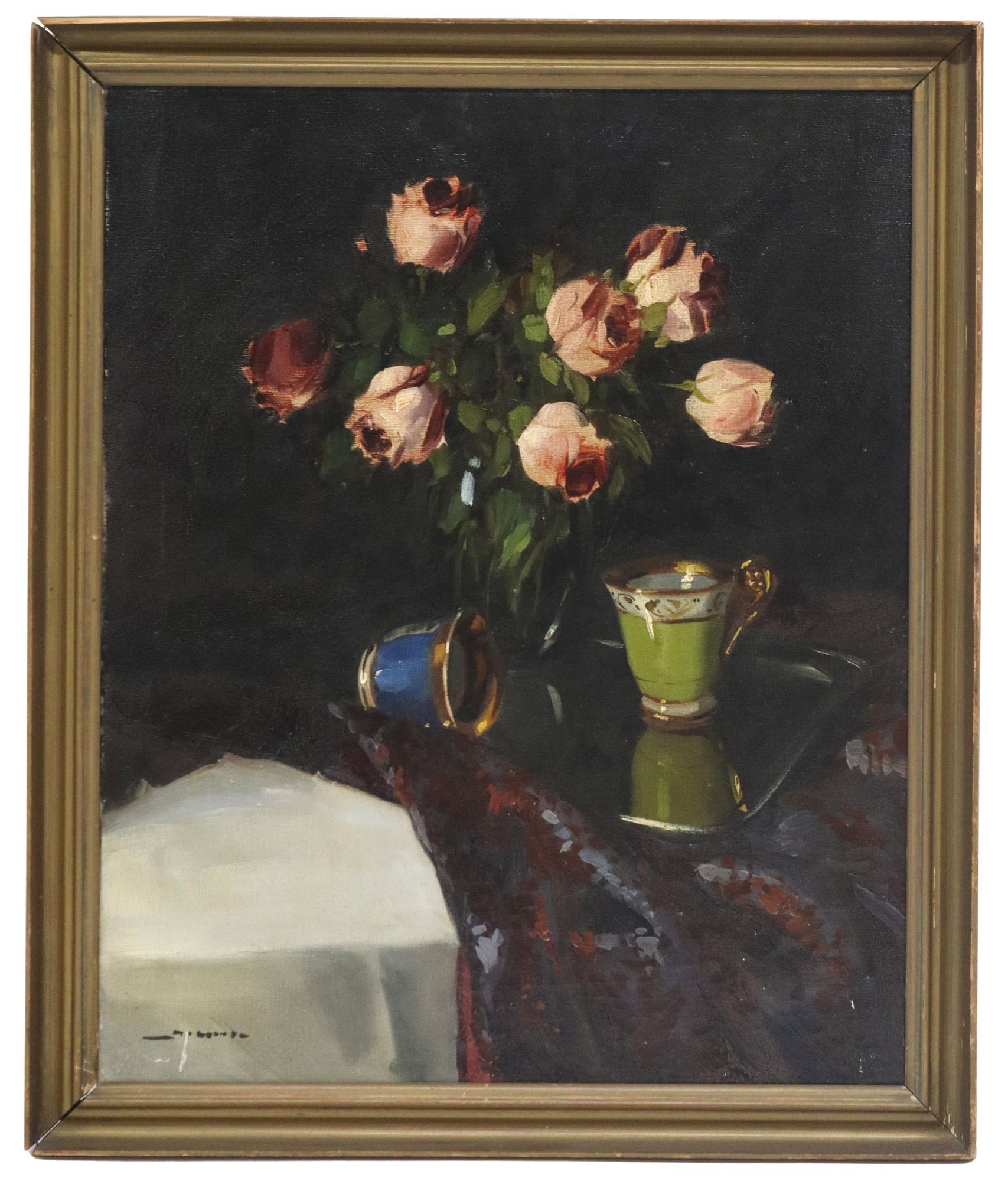 Vilmos Murin | Still Life with Vase of Roses and Teacups | MutualArt