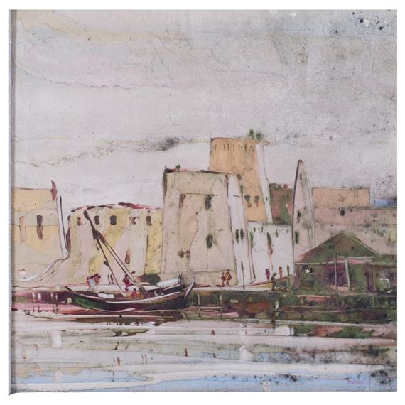 George Richard Deakins | Middle Eastern river scene and village ...