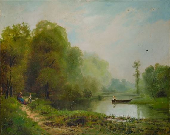 Théodore Levigne | Paysage lacustre avec pêcheur dans une barque Huile ...