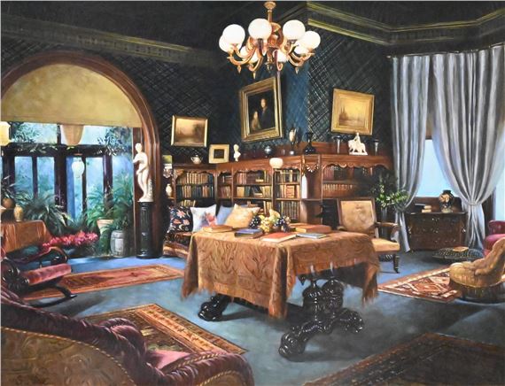 S. Lee | Library Interior Scene with Blue wallpaper and green house ...