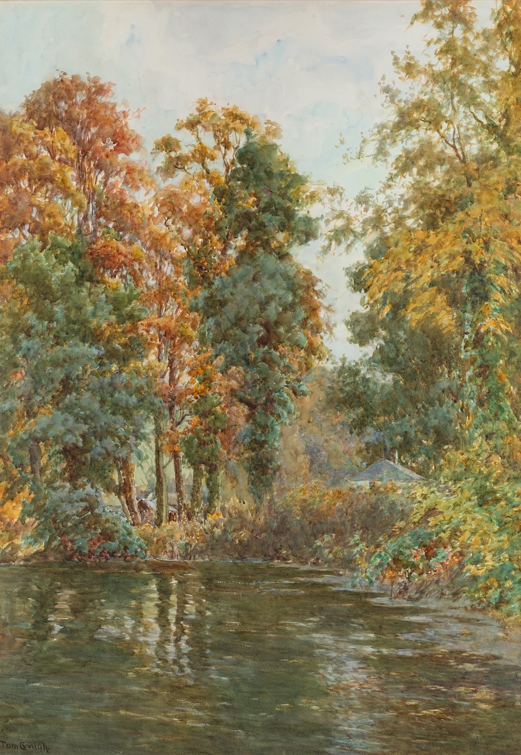 Thomas Gough | Woodland pond with a cottage beyond - Watercolour ...