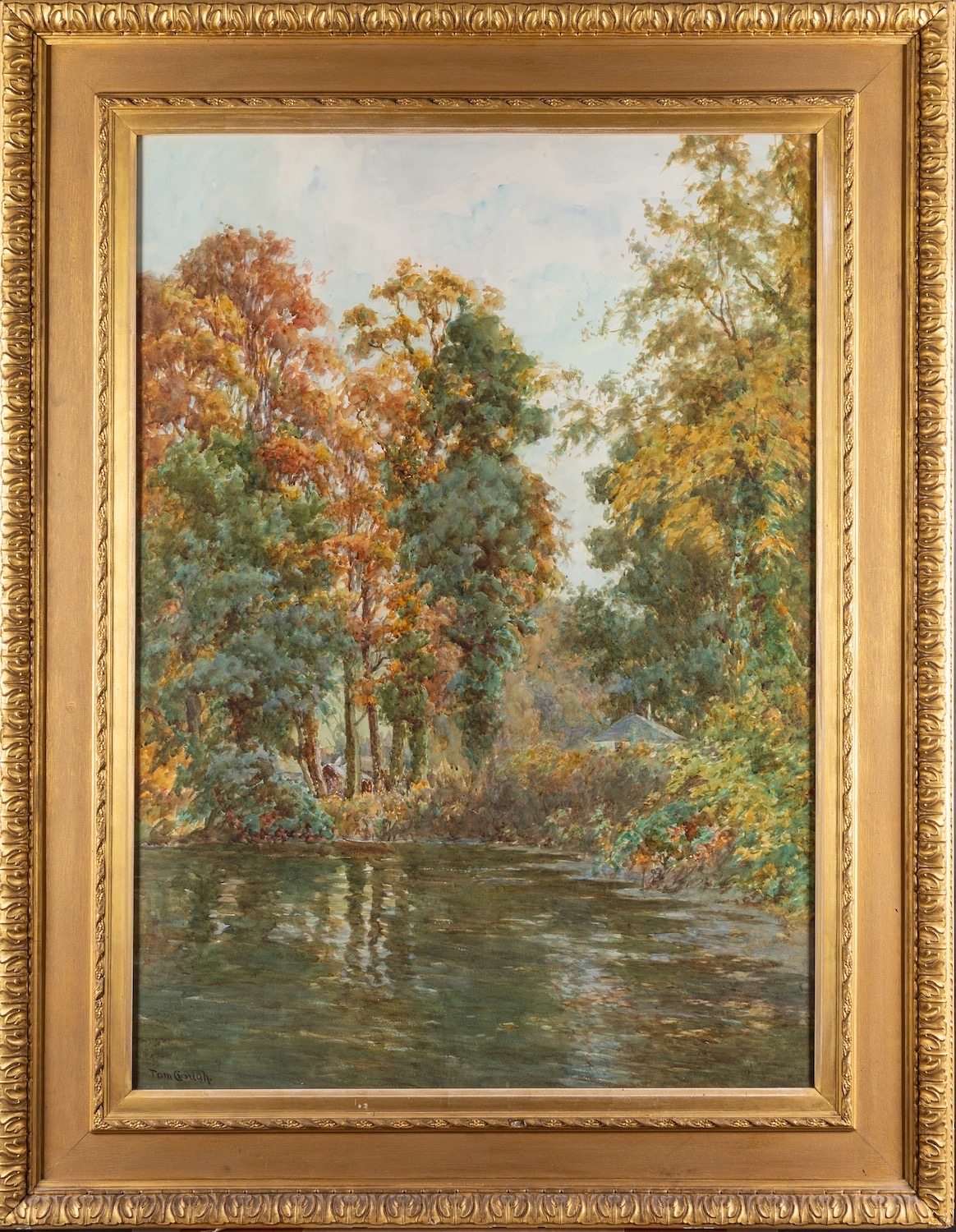 Thomas Gough | Woodland pond with a cottage beyond - Watercolour ...