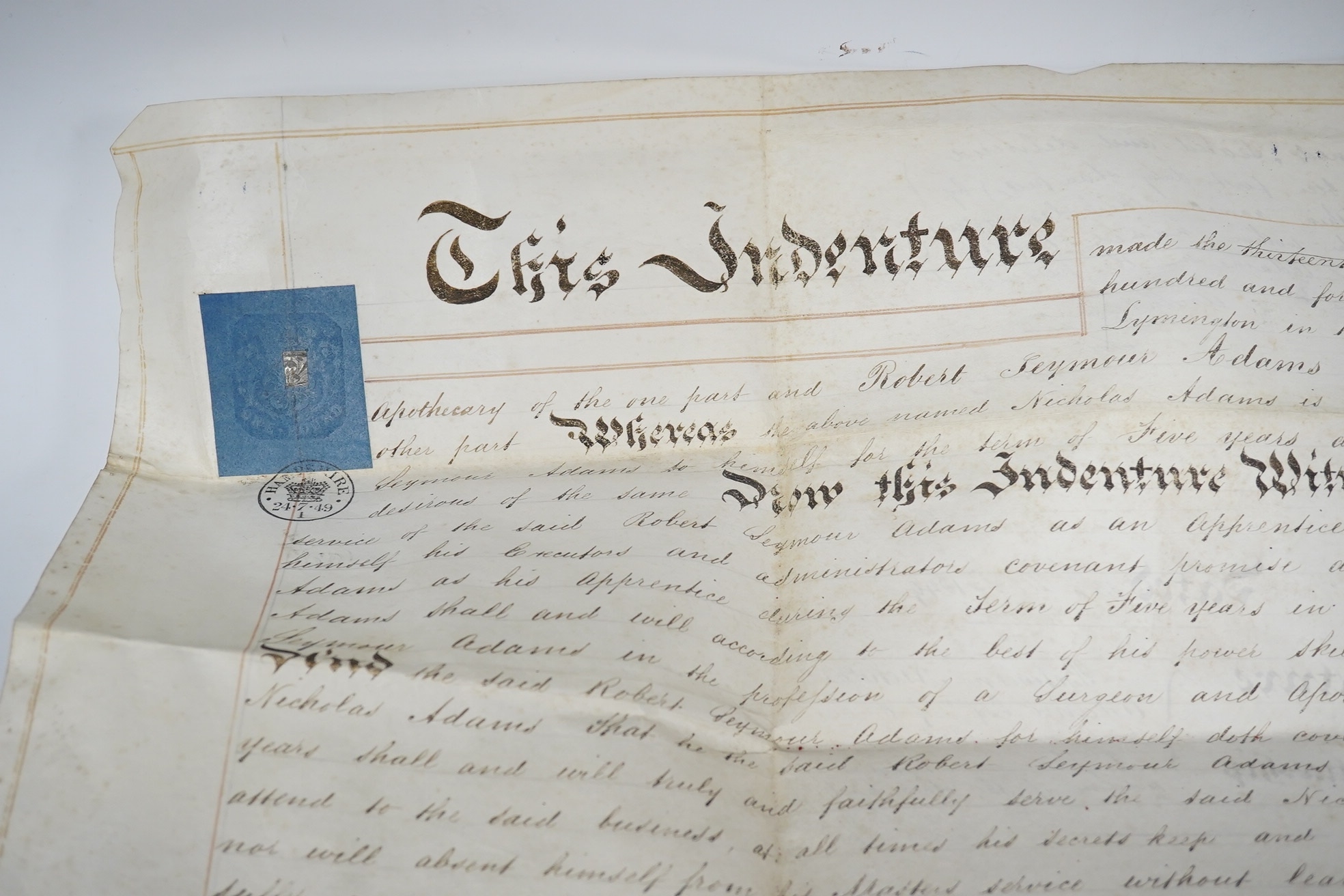 Robert Seymour | A parchment Indenture of Apprenticeship as a Surgeon ...
