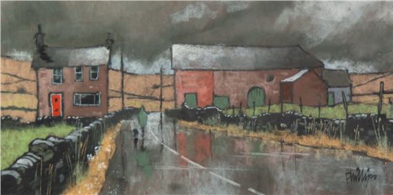 Brian Phillips | Country lane with farm building and figure with dog ...