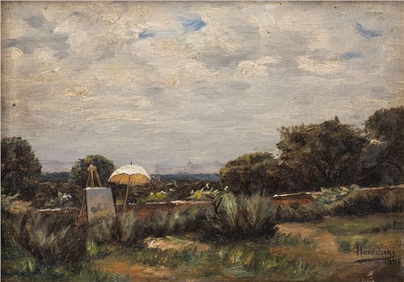 Franciszek Horodyski | Paisaje con caballete de pintor | MutualArt