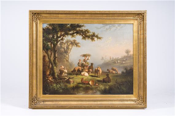 Prosper Ferey | Shepherds with their flock in an arcadian landscape ...