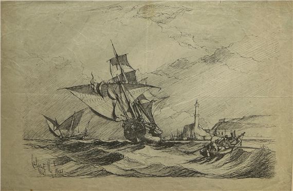 Calvert Richard Jones | AN DEPICTING SAILING CRAFT OF A LIGHTHOUSE BY ...