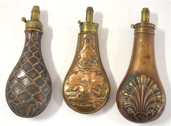 Sheffield | Three 19 th century brass and copper powder flasks to ...