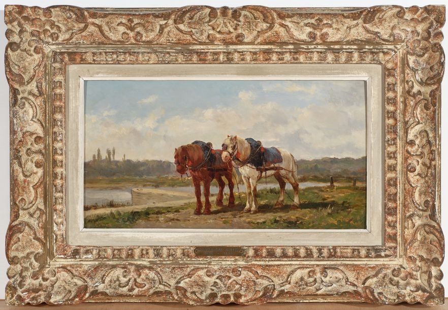 Jules Jacques Veyrassat | Hauling Horses Along a Stream or Two Horses ...
