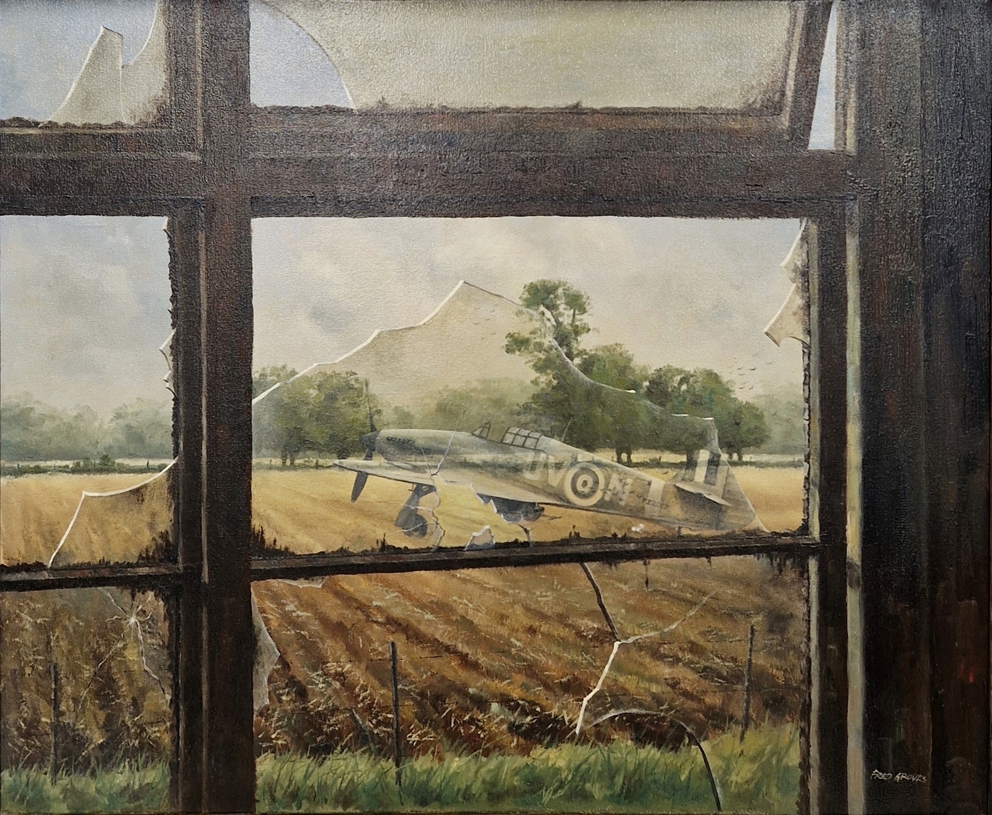 Fred Groves | Fred Groves Oil on canvas Reflection of a spitfire in a ...