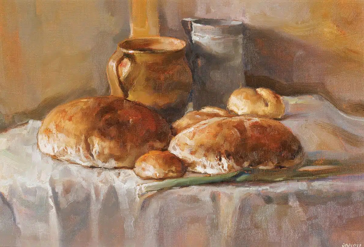 Józef Panfil | MARTWA NATURA Z DZBANKAMI I CHLEBEM | MutualArt