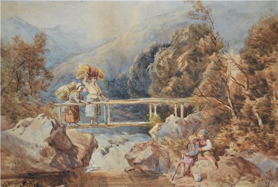 John Frederick Taylor | figures crossing a rustic bridge | MutualArt