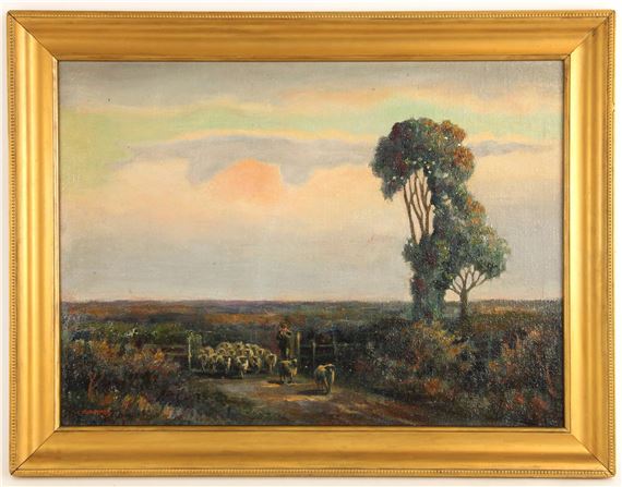 Geoffrey Mortimer | Herding sheep on a country lane, | MutualArt