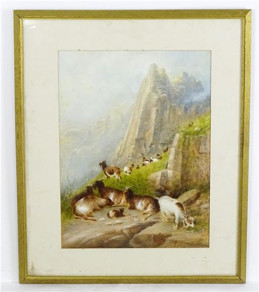 R. Thornton | An alpine scene with goats on a hillside. Signed lower ...